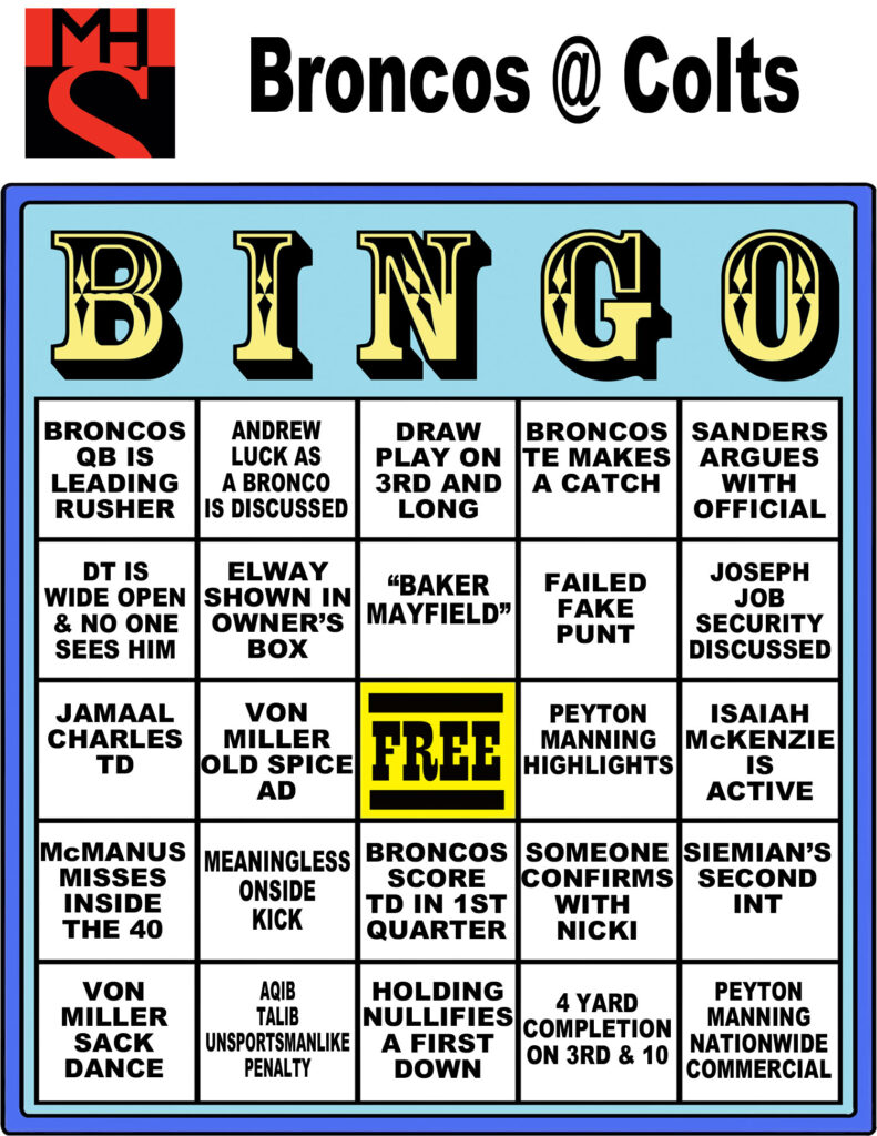 Broncos @ Colts "Thursday Night Football" Bingo - Mile High Sports