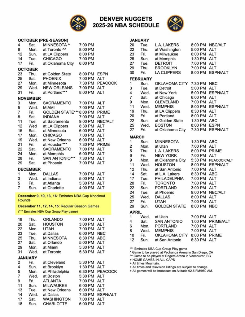 NBA Schedule Release: All 2025-26 Denver Nuggets games revealed - Mile ...
